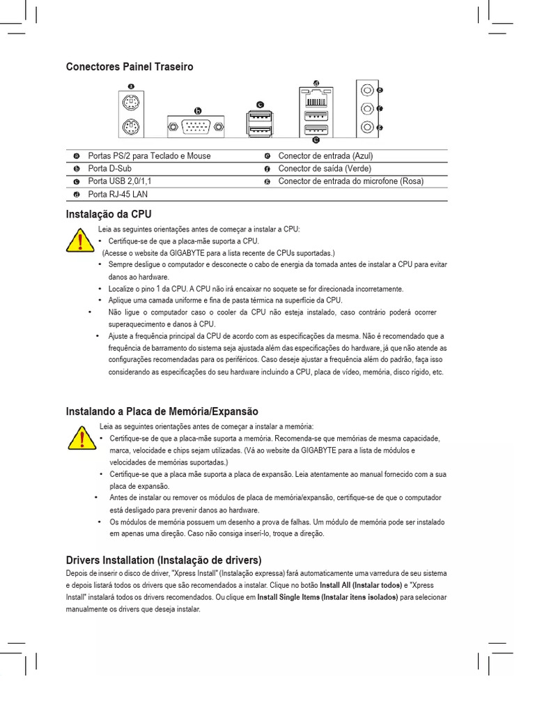 Manual de Instruções Gigabyte GA-78LMT-S2 (Português - 6 Páginas) | PDF