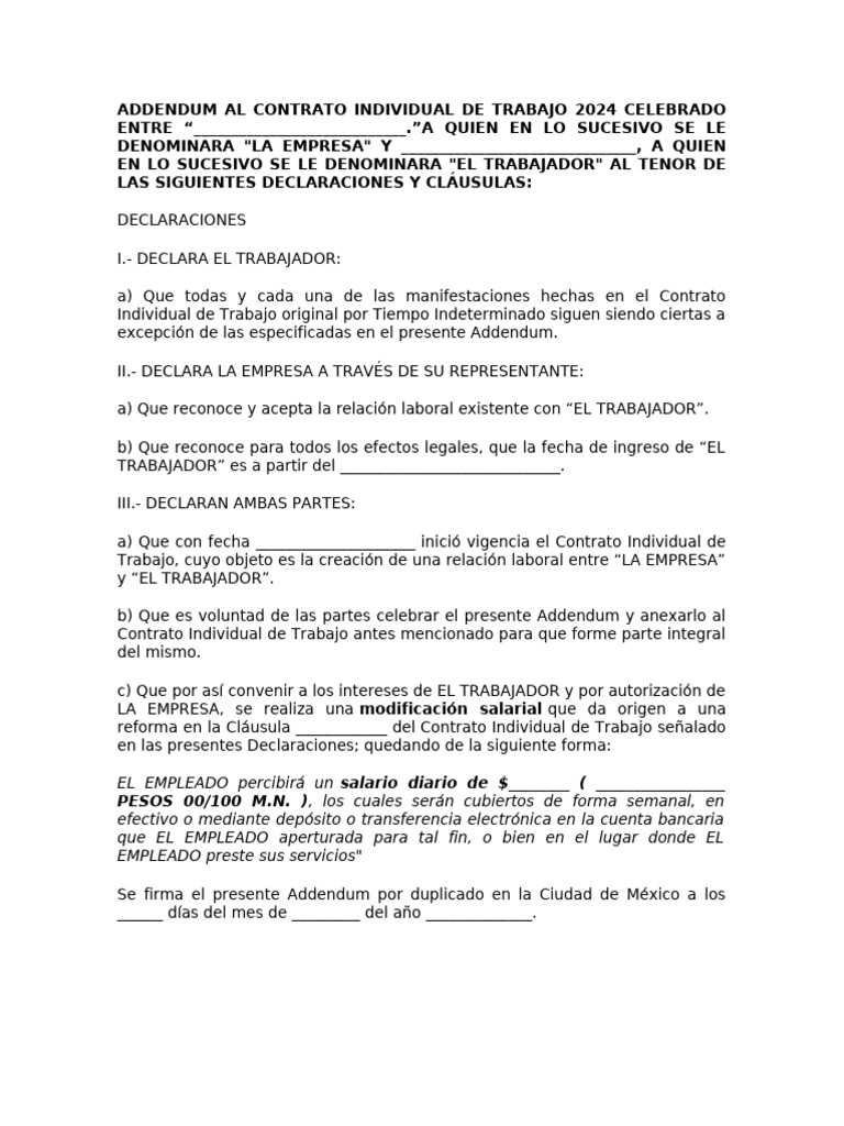 ADDENDUM AL CONTRATO INDIVIDUAL DE TRABAJO CELEBRADO ENTRE | PDF