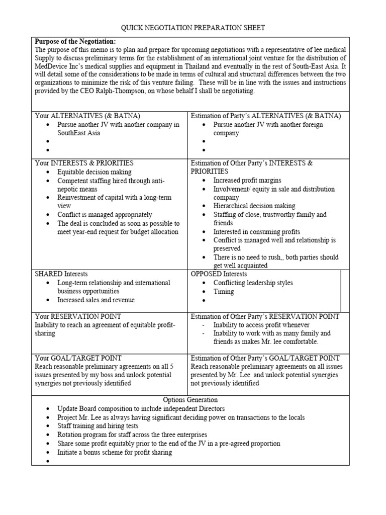 Medlee Quick Negotiation Preparation Sheet v.3.2 | PDF | Negotiation ...