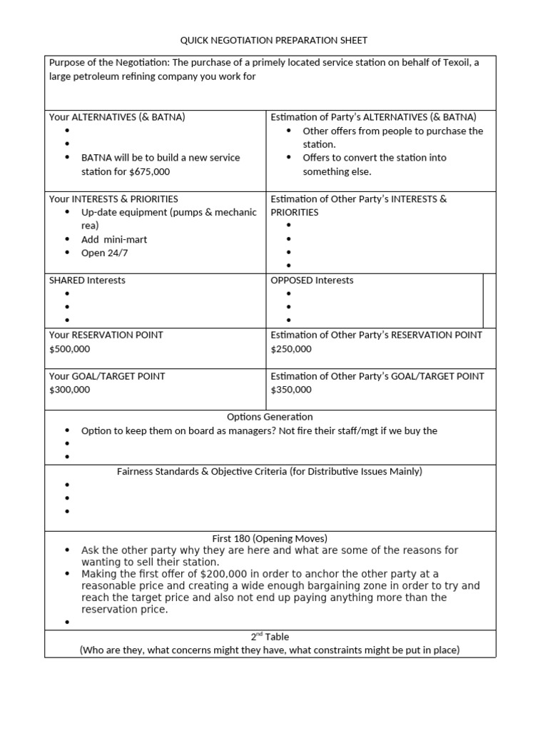 Texoil Negotiation Preparation Sheet v.3.2 | PDF | Negotiation