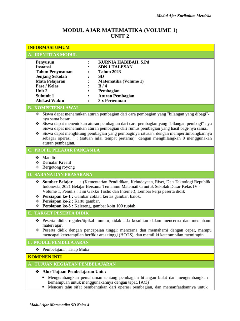Modul Ajar MTK Unit 2 | PDF