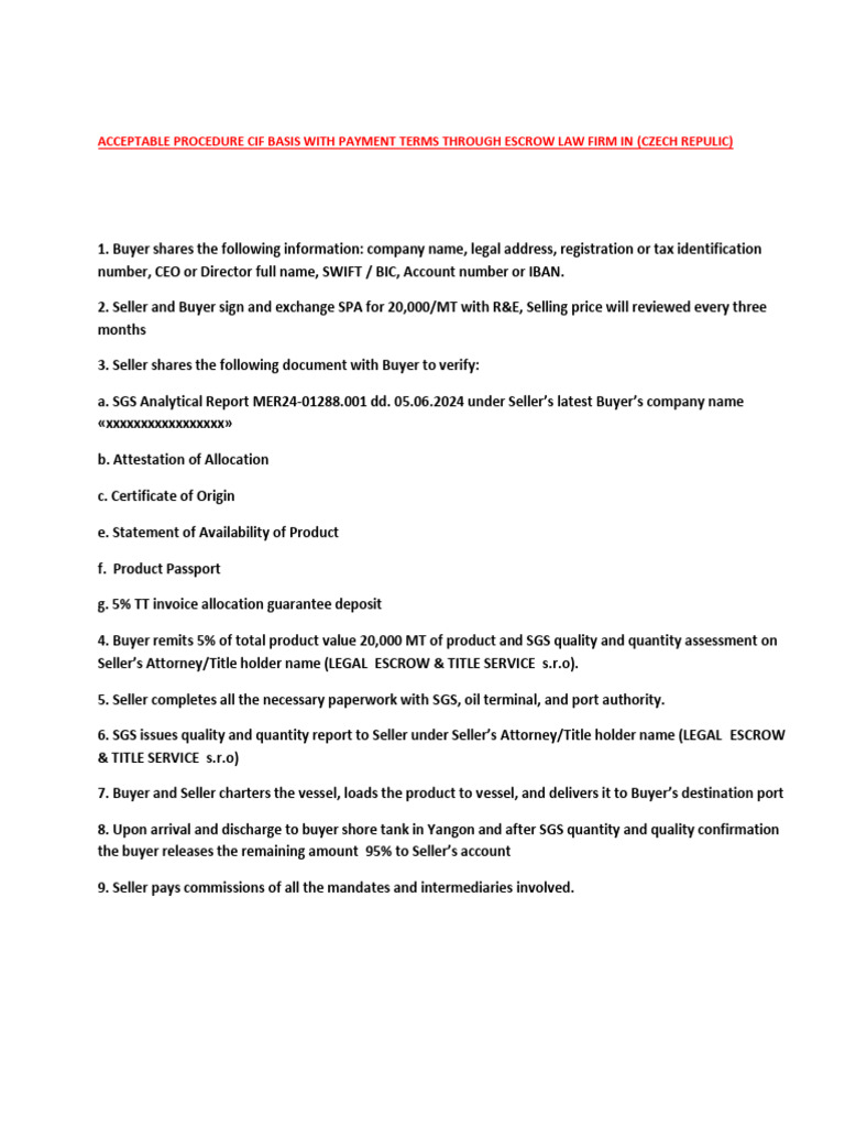 Acceptable Procedure Cif Basis With Payment Terms Through Escrow Law ...