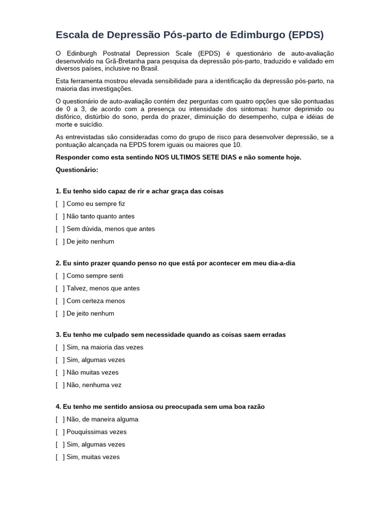 Escala de Depressao Pos Parto - Edinburgh Postnatal Depression Scale | PDF