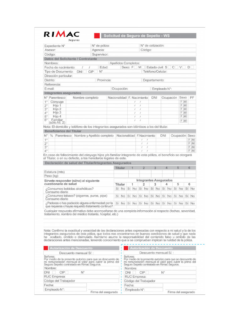Formulario de Seguro - RIMAC Seguros | PDF