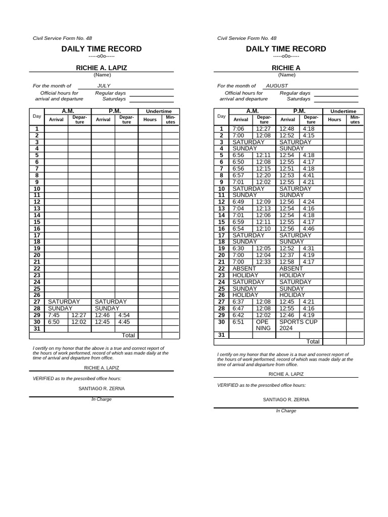 Appendix 24 - Daily Time Record (DTR) (AutoRecovered) | PDF