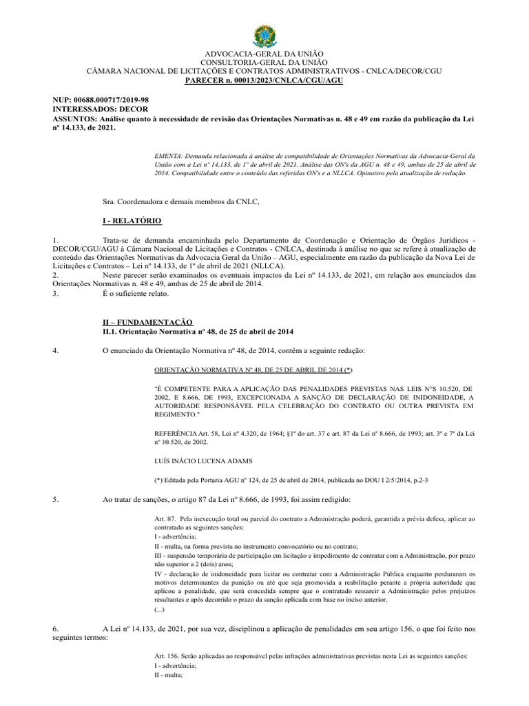 1.2. PARECER N. 00013-2023-CNLCA-CGU-AGU e Respectivos Despachos de Aprova o | PDF