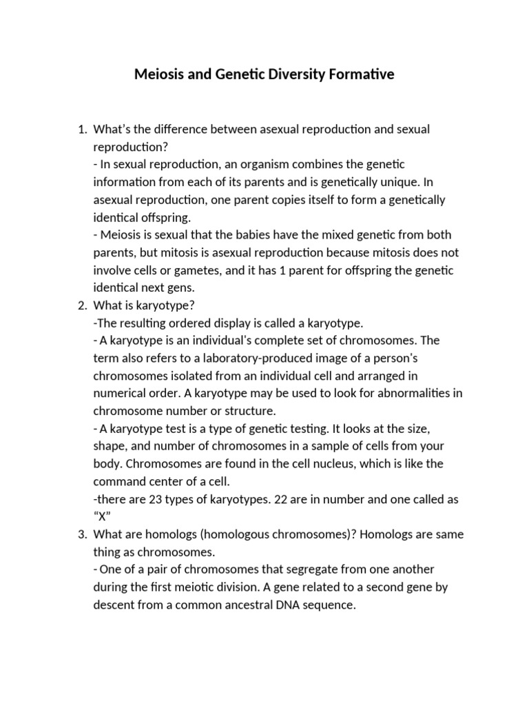 Meiosis and Genetic Diversity Formative | PDF