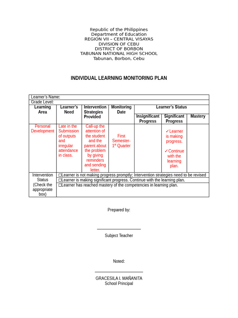 2024 Individual Learning Monitoring Plan | PDF