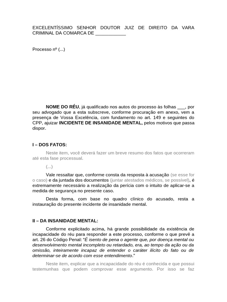 Modelo Editavel Incidente de Insanidade Mental | PDF