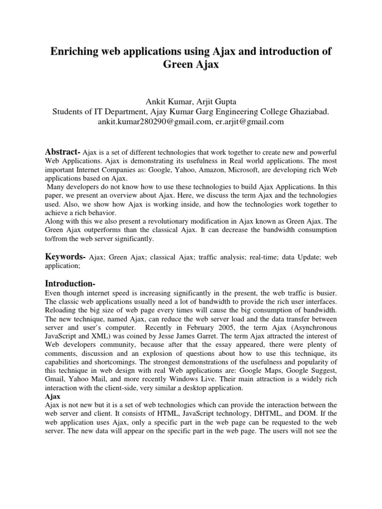 Enriching Web Applications Using Ajax And Introduction Of Green Ajax