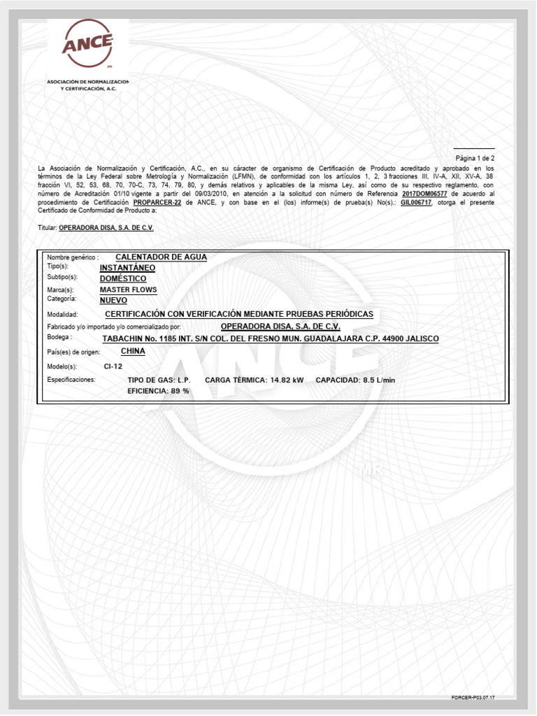 Certificado-Calentador-Instantaneo-12 lts-NOM-003-ENER | PDF