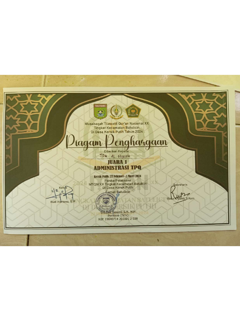 Piagam Juara 1 Lomba Administrasi TPQ Kecamatan 2024 | PDF