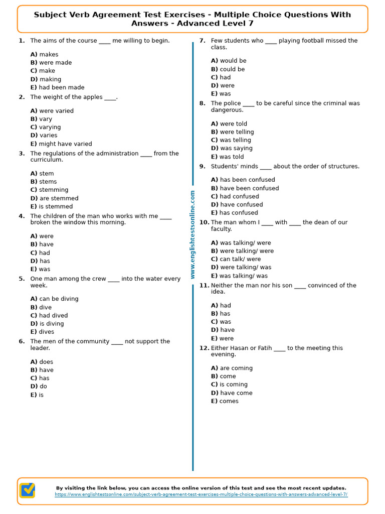 506 - Subject Verb Agreement Test Exercises Multiple Choice Questions ...