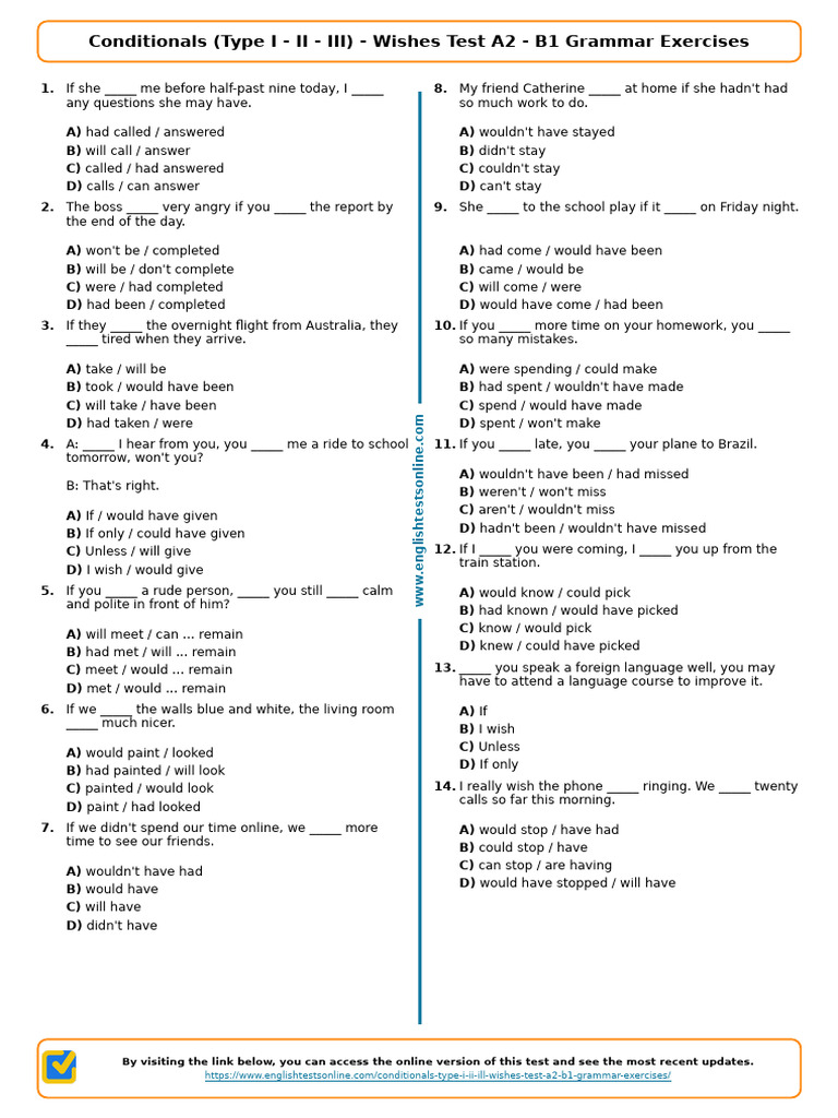 478 - Conditionals Type I II III Wishes Test A2 b1 Grammar Exercises | PDF
