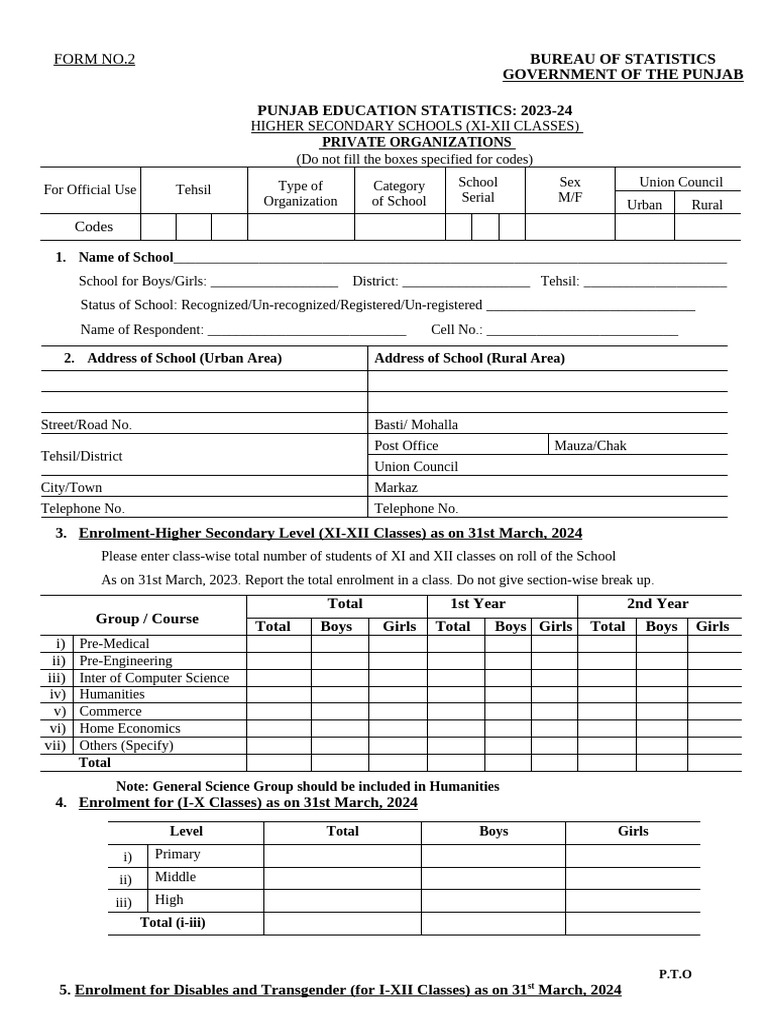Form 2. Higher Secondary Schools (Private Organizations) | PDF