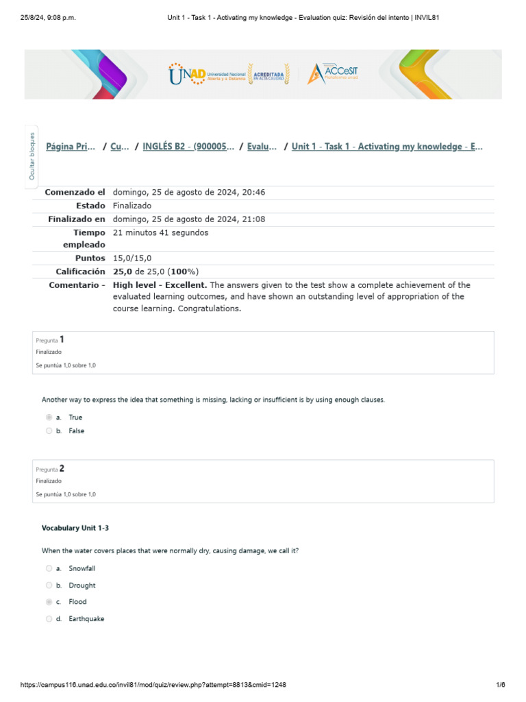 Unit 1 - Task 1 - Activating My Knowledge - Evaluation Quiz - Revisión Del Intento - INVIL81 | PDF