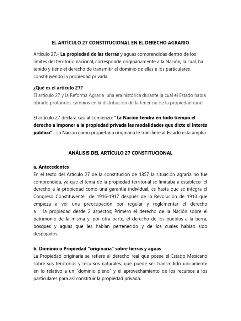 Artículo 27 Constitucional y El Derecho Agrario 30 Enero 2023 | PDF