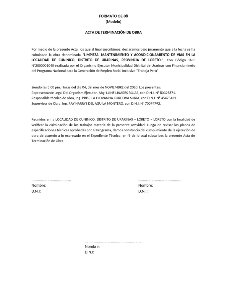 ACTA DE TERMINACION DE OBRA - Cuninico | PDF