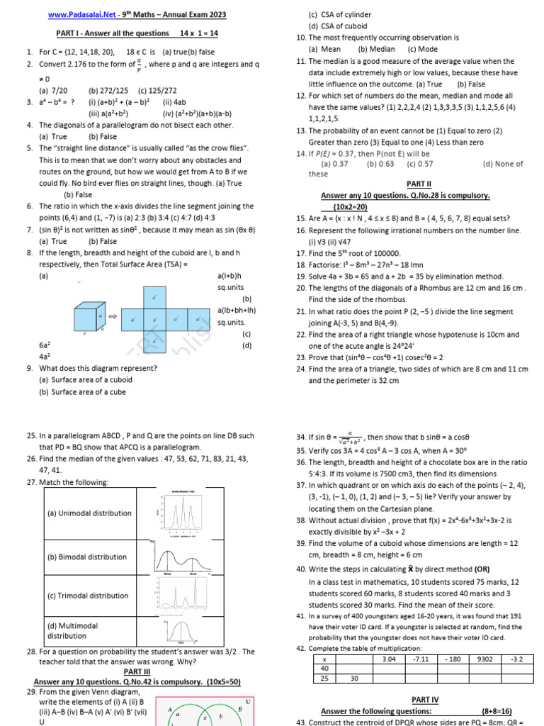 9th Maths EM Annual Exam 2023 Model Question Paper English Medium PDF Download | PDF | Area ...