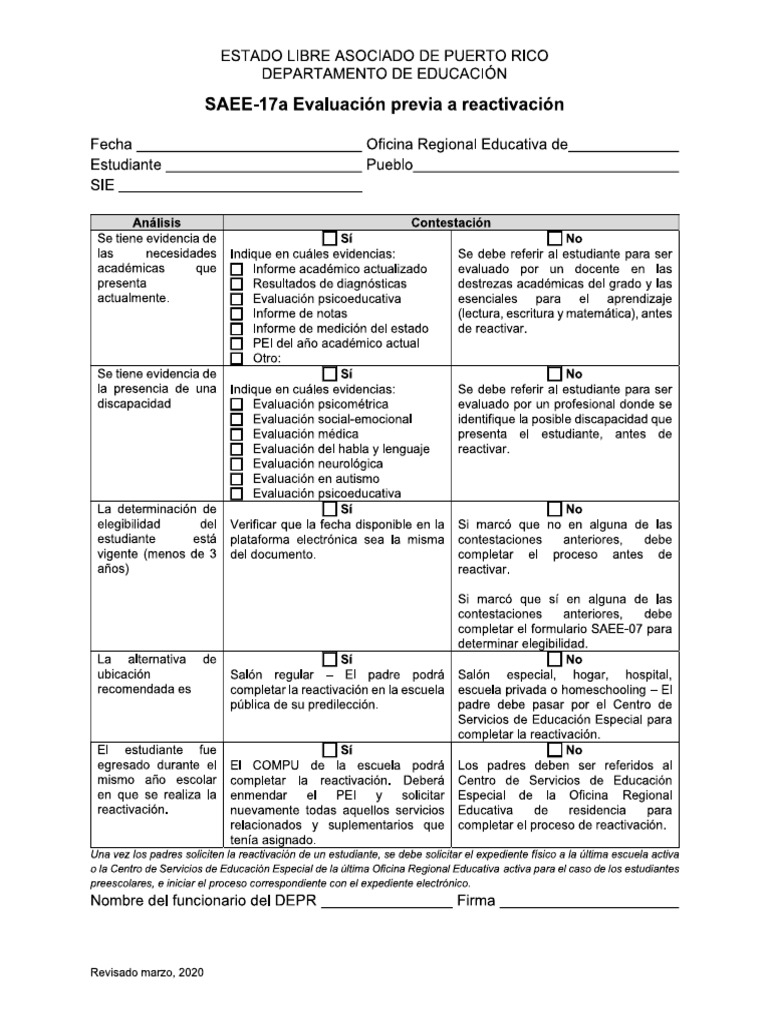 SAEE - 17a Evaluación Previa A Reactivacion | PDF