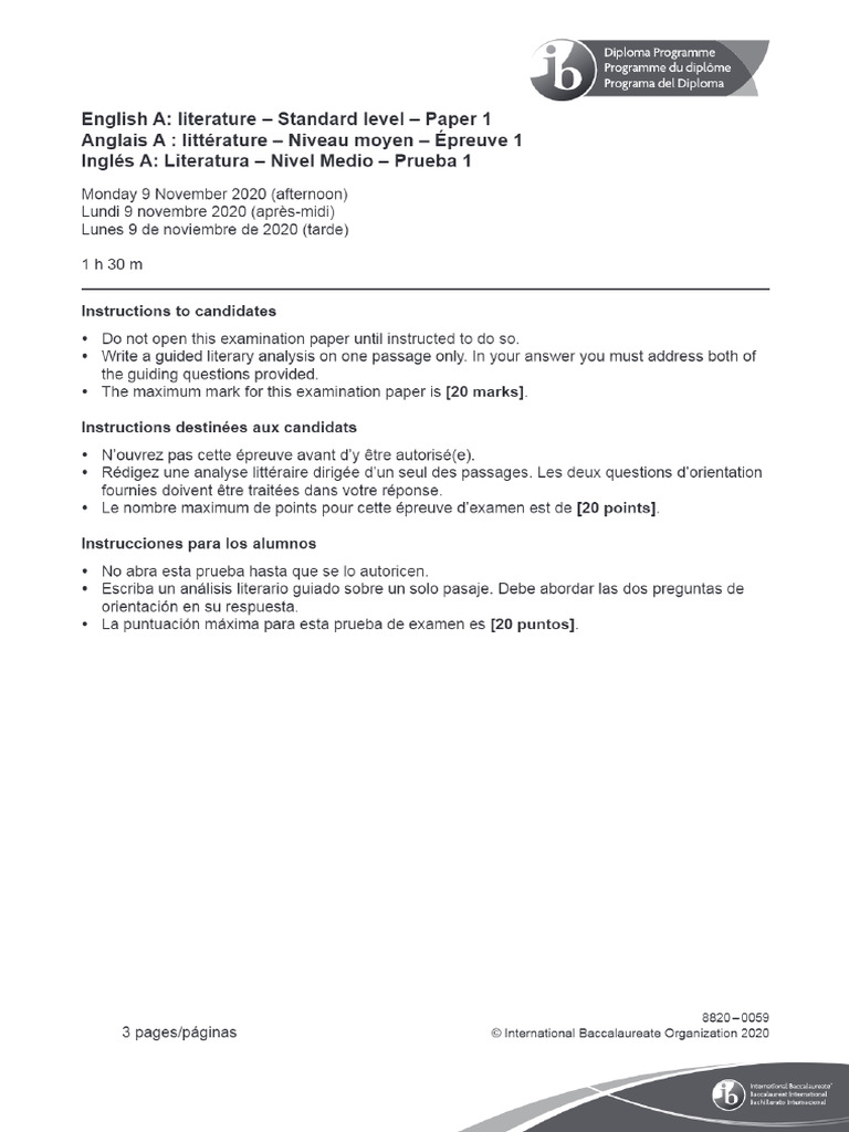 2020 Nov - Ib EngA Lit - SL - Paper 1 | PDF
