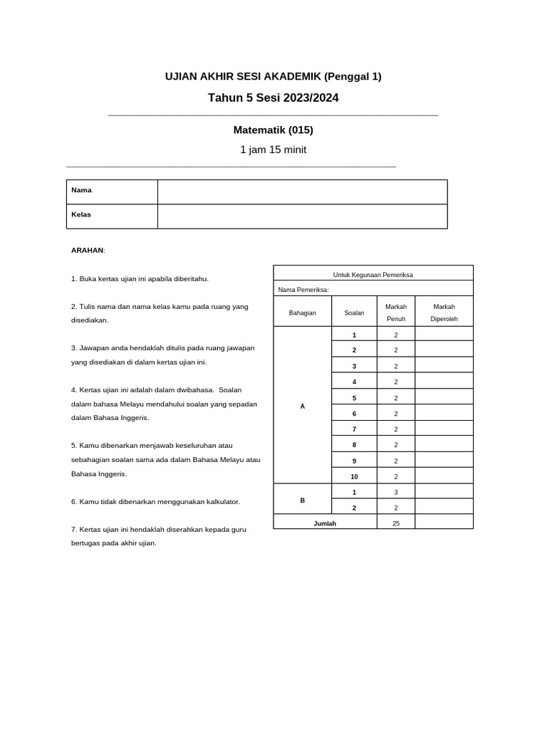 Exam UASA Tahun 5 Penggal 1 | PDF