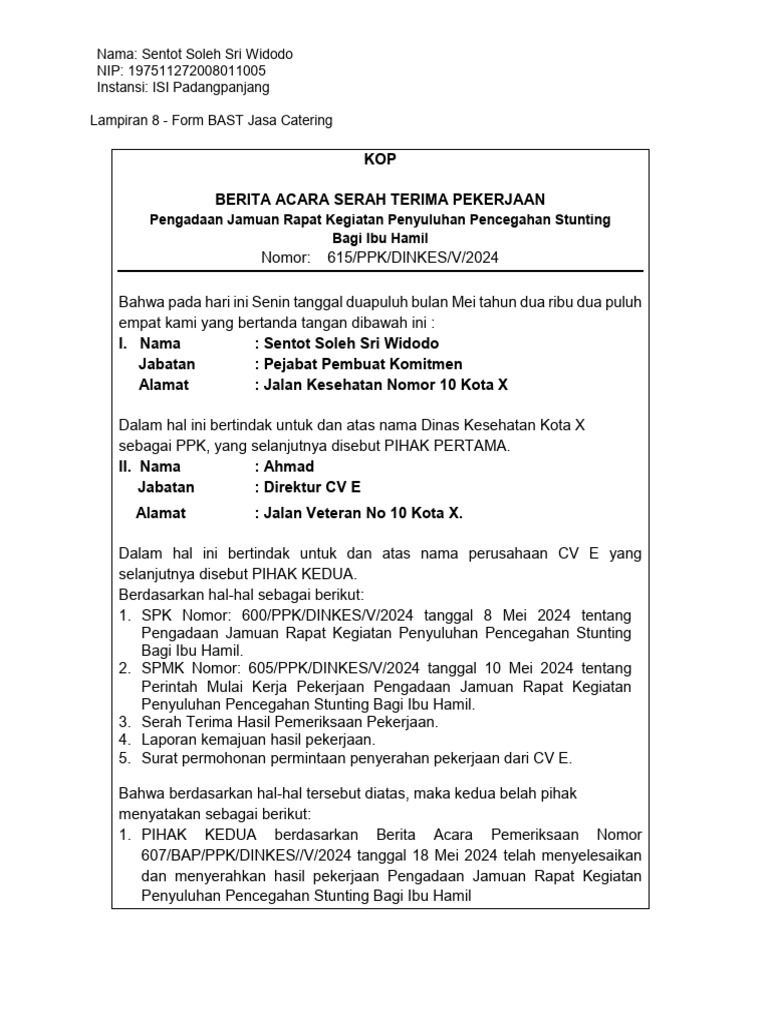 Widodo - Lampiran 08 - Form BAST Jasa Katering | PDF