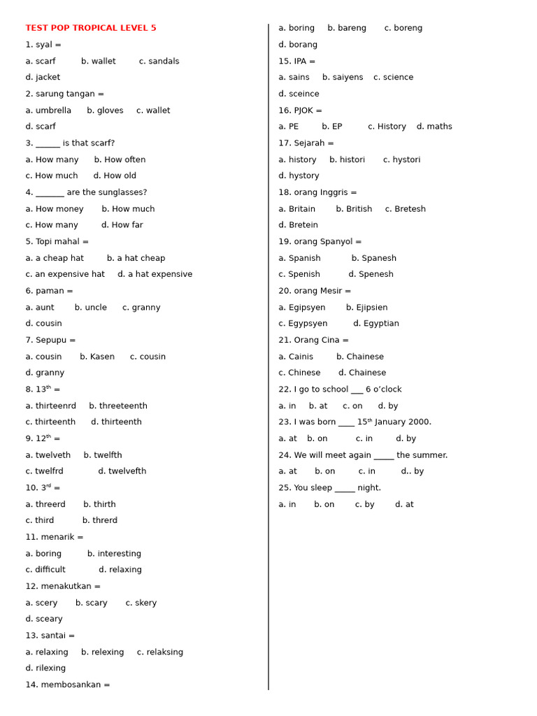 TEST POP TROPICAL LEVEL 5 | PDF