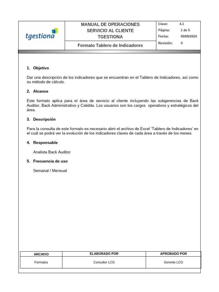 4.1 Formato de Tablero de Indicadores | PDF