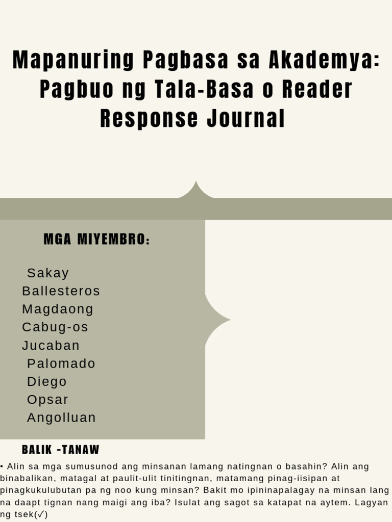 Mapanuring Pagbasa Sa Akademiya Pagbuo NG Tala Basa o Reader Response Journ - 20240903 - 203226 ...