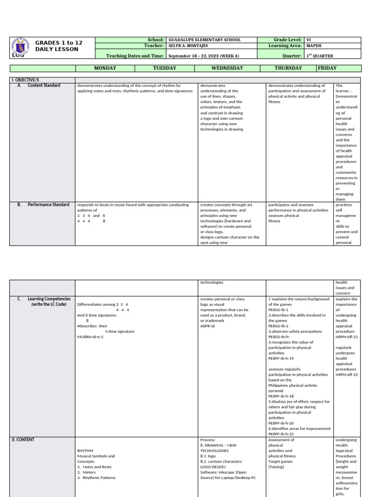 DLL - MAPEH 6 - Q1 - W4 Ok | PDF