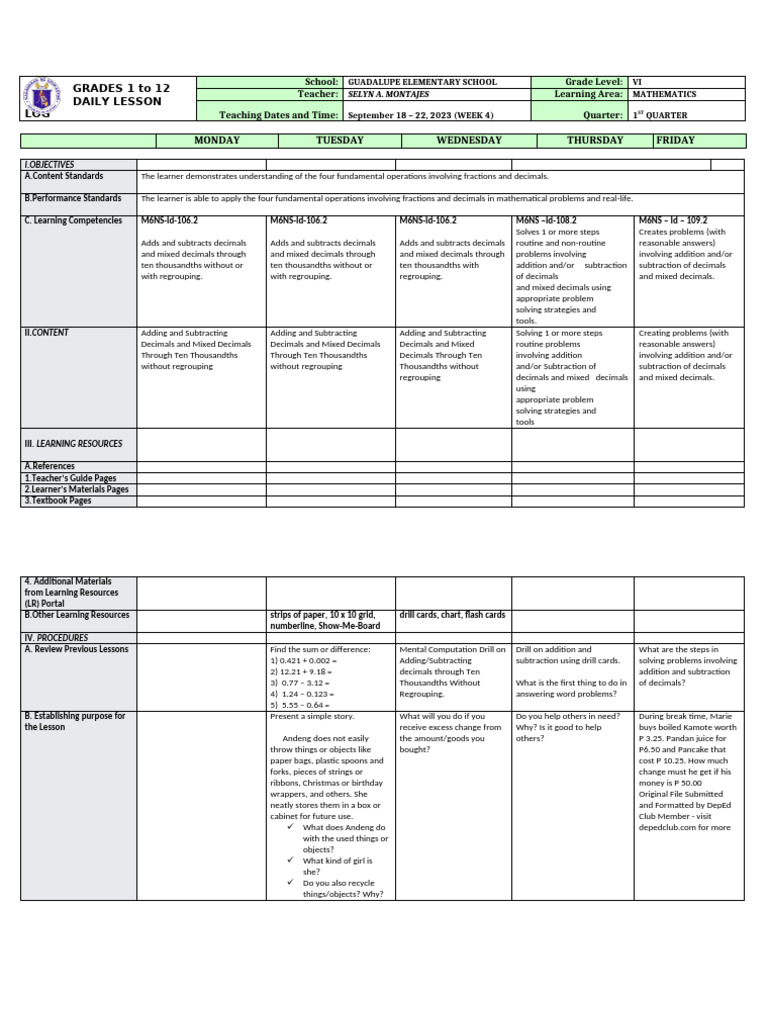 DLL - MATHEMATICS 6 - Q1 - W4 Ok | PDF