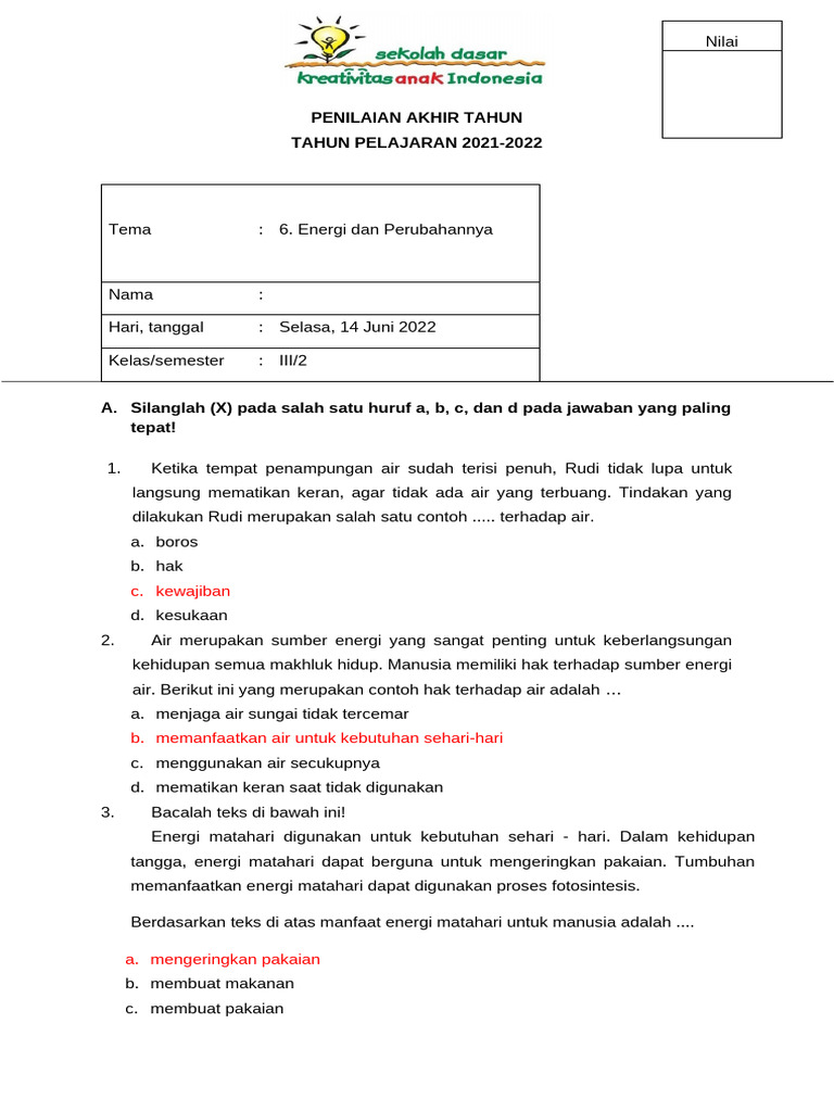 PAT Tema 6 Kelas 3 - Kunci Jawaban | PDF