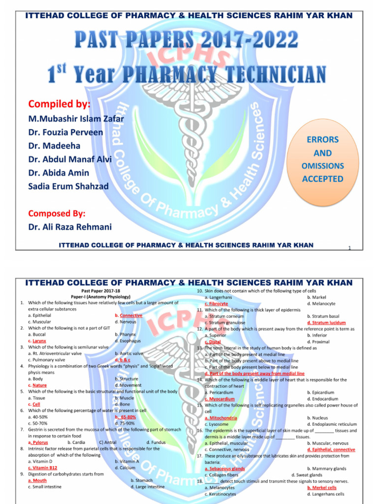 ALL PAST PAPERS Pharmacy Technician Final | PDF