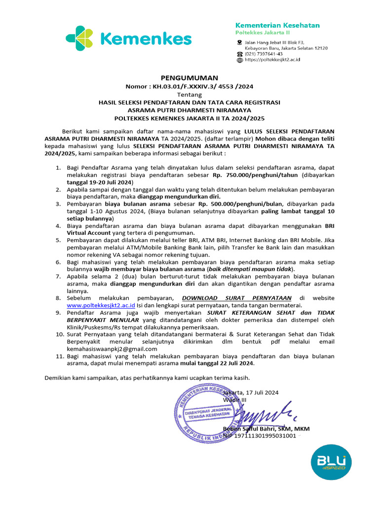 KH.03.01_F.xxxiV.3_4553_2024_Hasil Seleksi Pendaftaran Dan Tata Cara Registrasi Asrama Putri ...