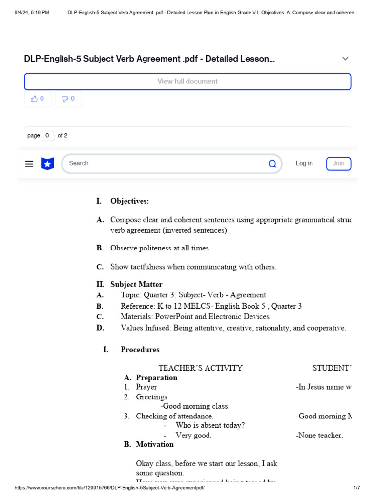 DLP English-5 Subject Verb Agreement .PDF - Detailed Lesson.. | PDF