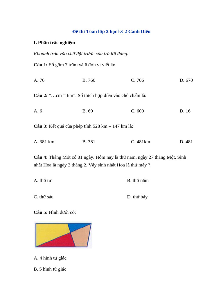 De Thi Hoc Ki 2 Lop 2 Mon Toan de 3 | PDF
