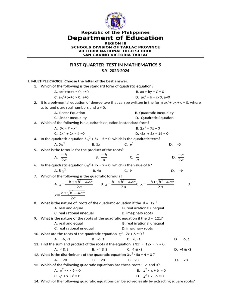 First Quarter Test in Math 9 | PDF