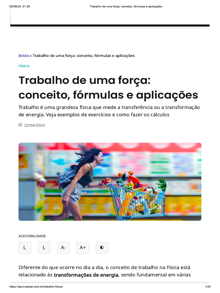 Trabalho de Uma Força - Conceito, Fórmulas e Aplicações | PDF