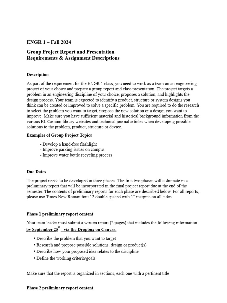 ENGR 1 Group Project and Presentation Instructions Revised | PDF