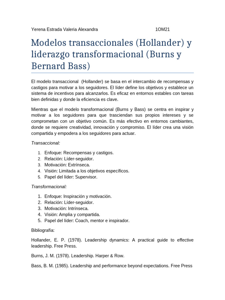 Modelos Transaccionales (Hollander) y Liderazgo Transformacional (Burns y Bernard Bass) | PDF