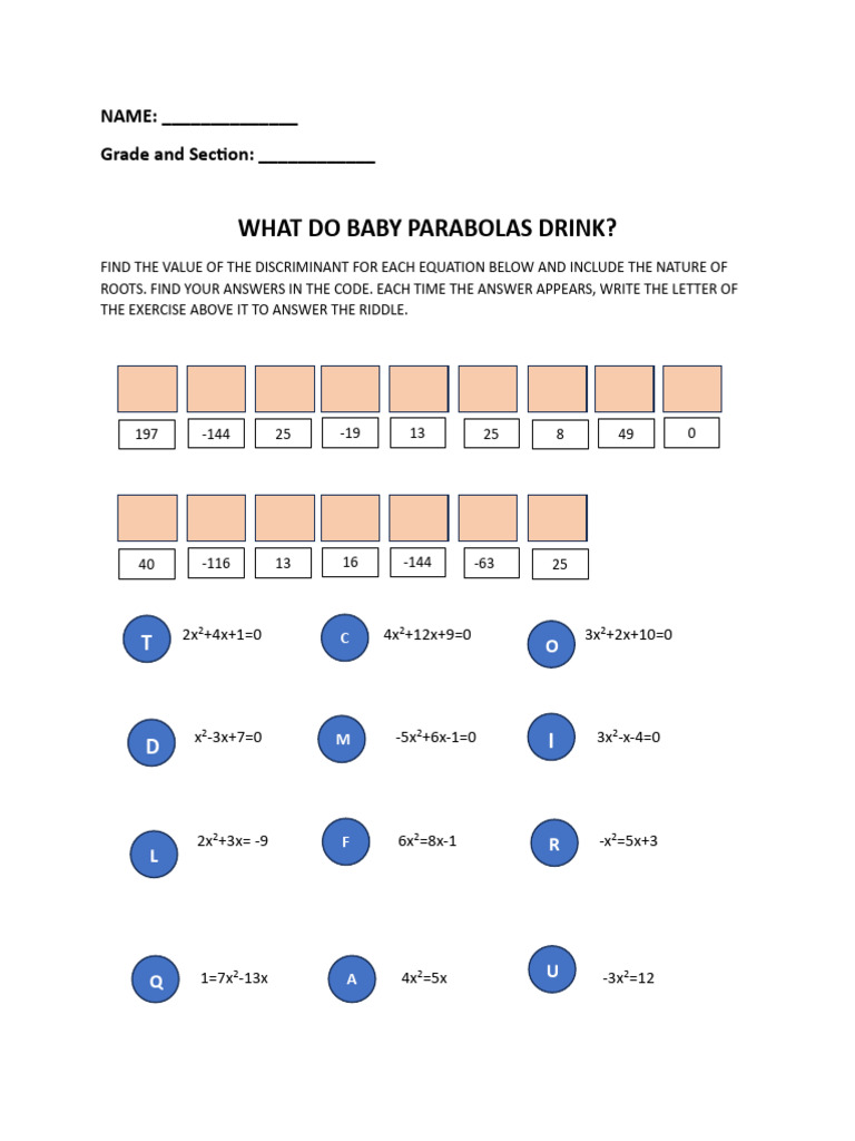 Performance Task What Do Baby Parabolas Drink | PDF