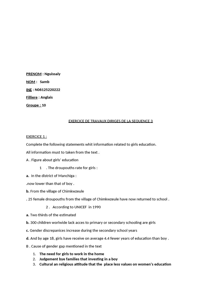 Td N° 1 Sequence 3 GIRL EDUCATION | PDF