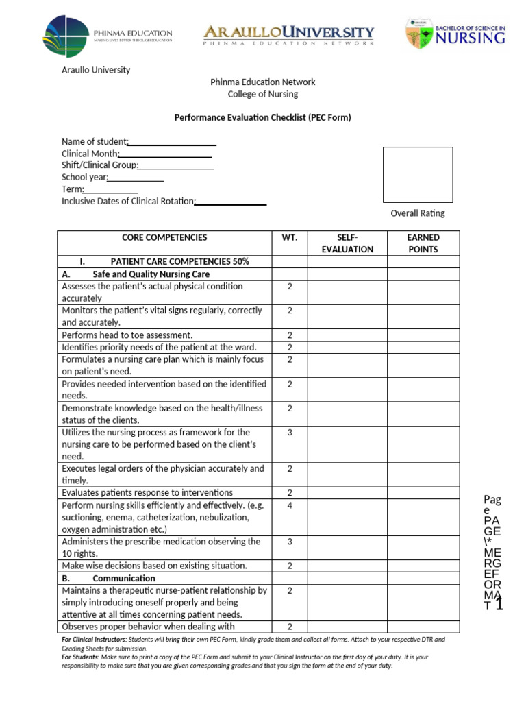STUDENTS PEC Form AREA Checklist | PDF