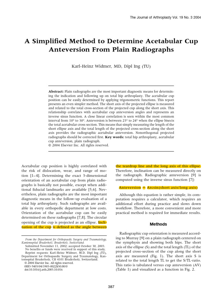 A Simplified Method To Determine Acetabular Cup Anteversion From Plain ...