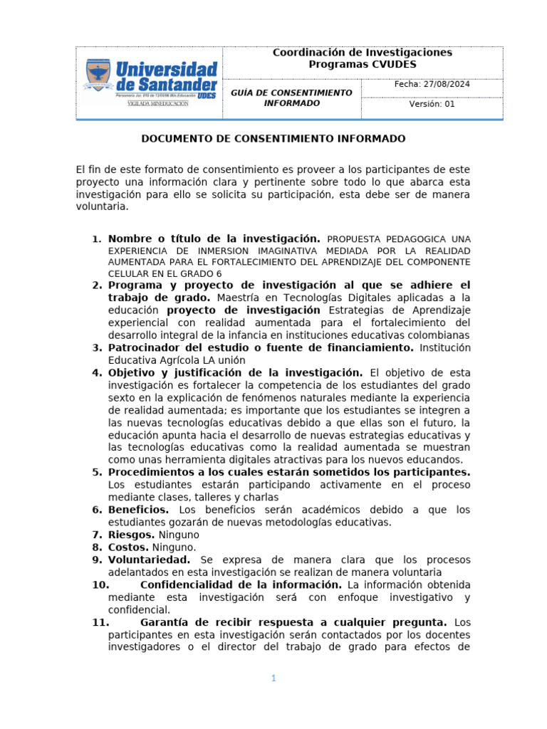 Consentimiento para Investigación Educativa | PDF | Documento de ...