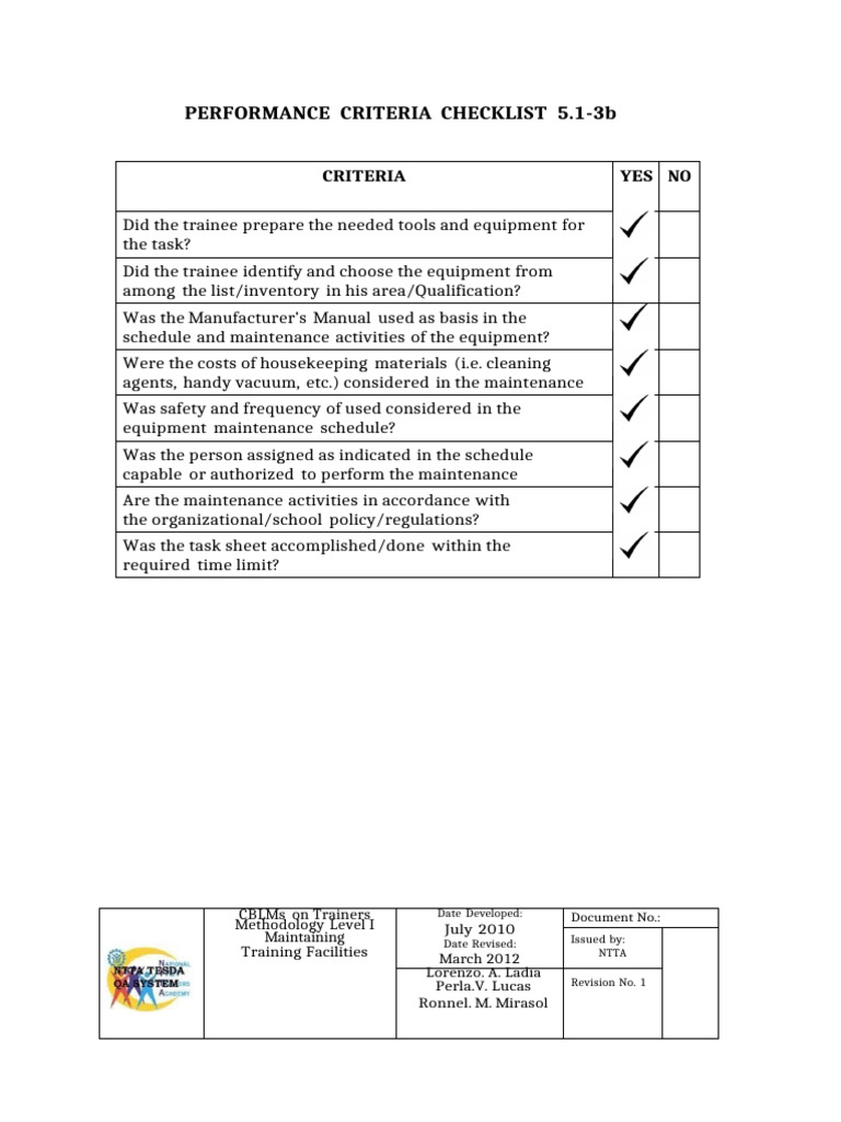 MVB-PERFORMANCE CRITERIA CHECKLIST 5.1-3b | PDF
