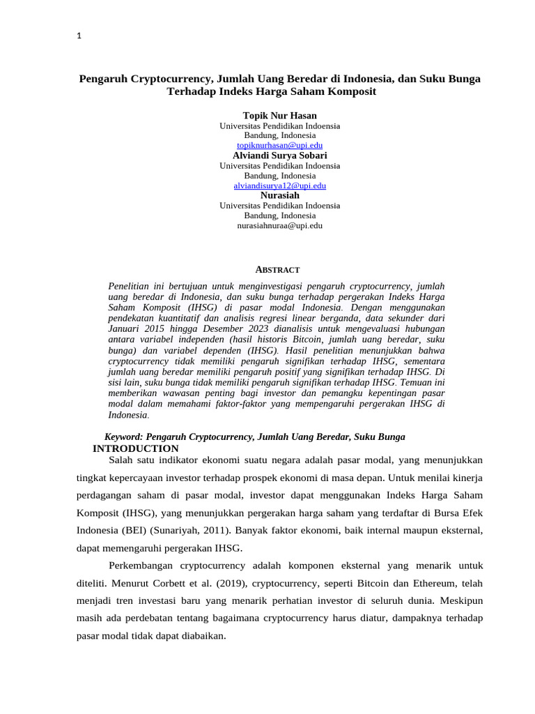 Kelompok 12 - Artikel - Pengaruh Cryptocurrency, Jumlah Uang Beredar Di Indonesia, Dan Suku ...