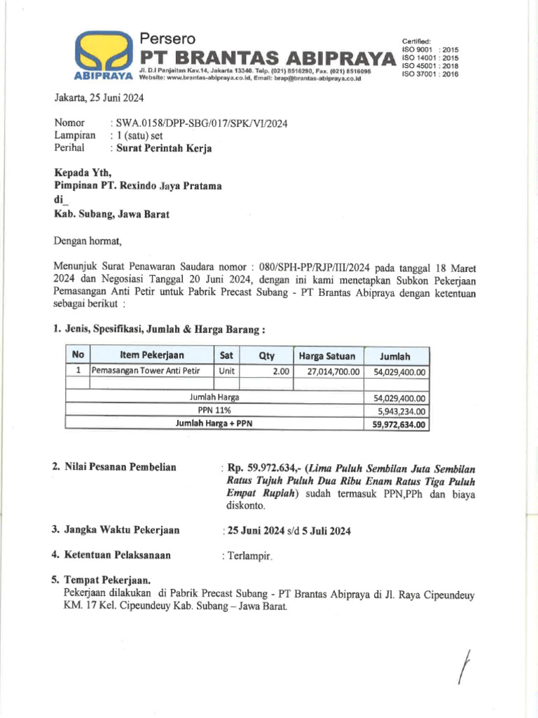 SPK PT Rexindo Jaya Pratama (Tower Anti Petir) | PDF