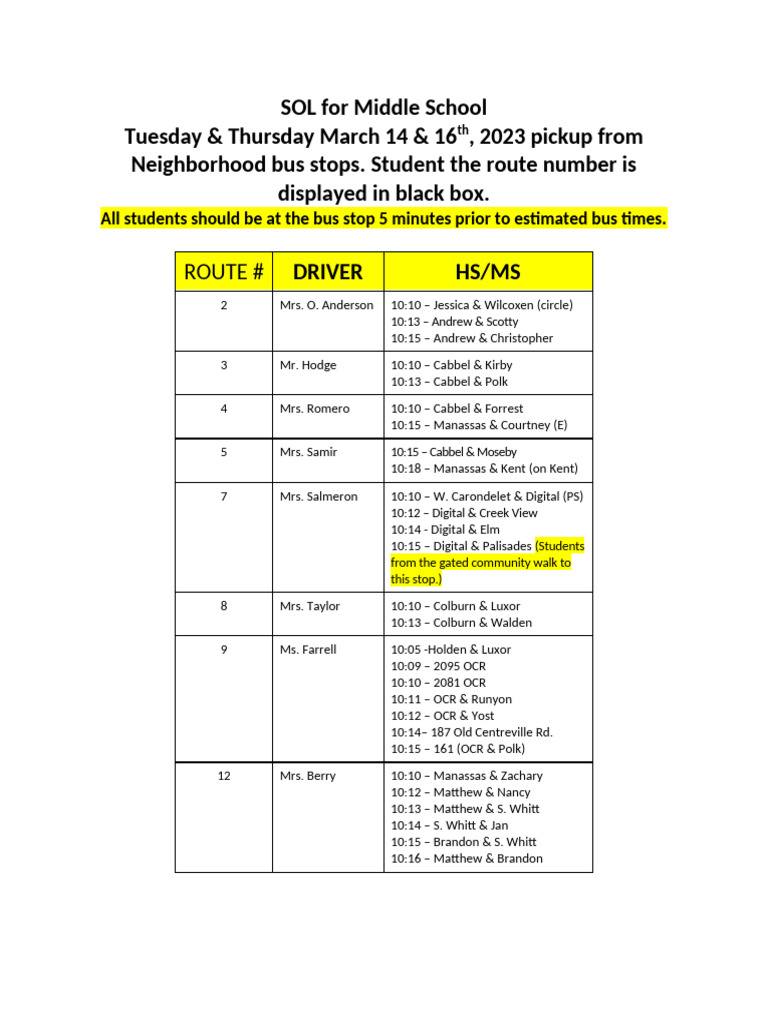 Middle School 2022-2023 SOL Testing Routes 1-4-22 | PDF